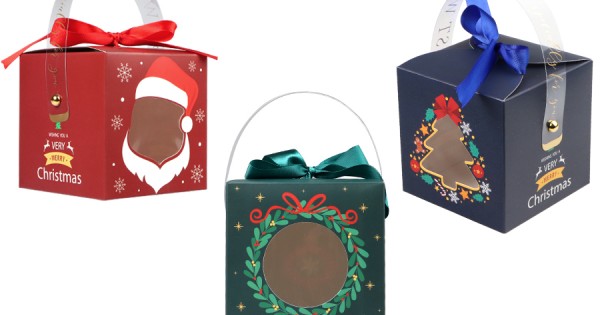 Christmas paper gift box 90x90x90 mm with window, handle and ribbon ...
