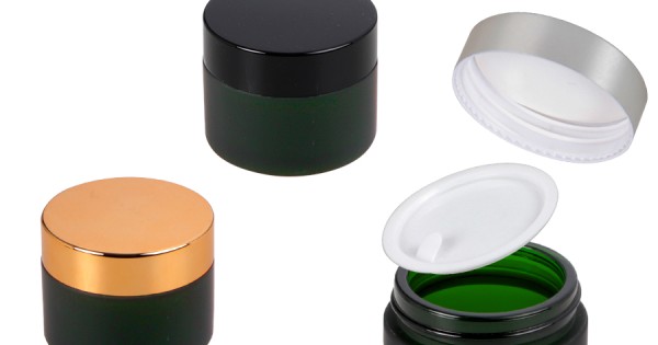 Green frosted 50ml glass jar with sealing disc and EPE liner inserted ...